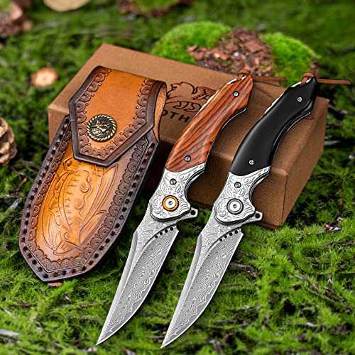 LOTHAR Damascus Pocket Knife for Men, 7.78" VG10 Folding Knife with Retro Leather Sheath,Sandalwood Handle, Classical Bolster, Lanyard Hole, EDC Knife Anniversaries, Christmas, elegant gifts for Men (Black)