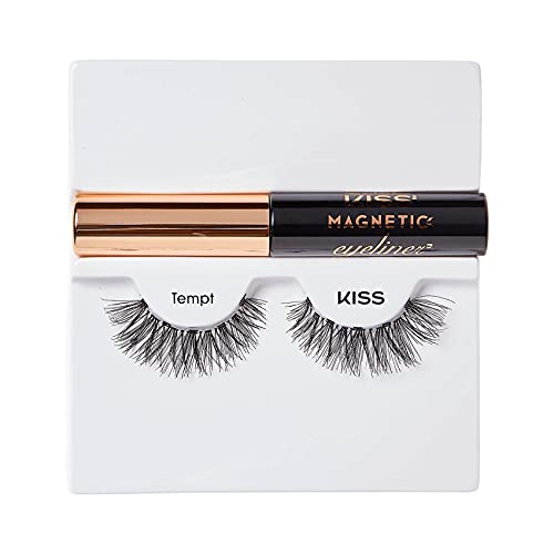 KISS Magnetic Eyeliner & Lash Kit, Tempt, 1 Pair of Synthetic False Eyelashes With 5 Double Strength Magnets and Smudge Proof, Biotin Infused Black Magnetic Eyeliner with Precision Tip Brush