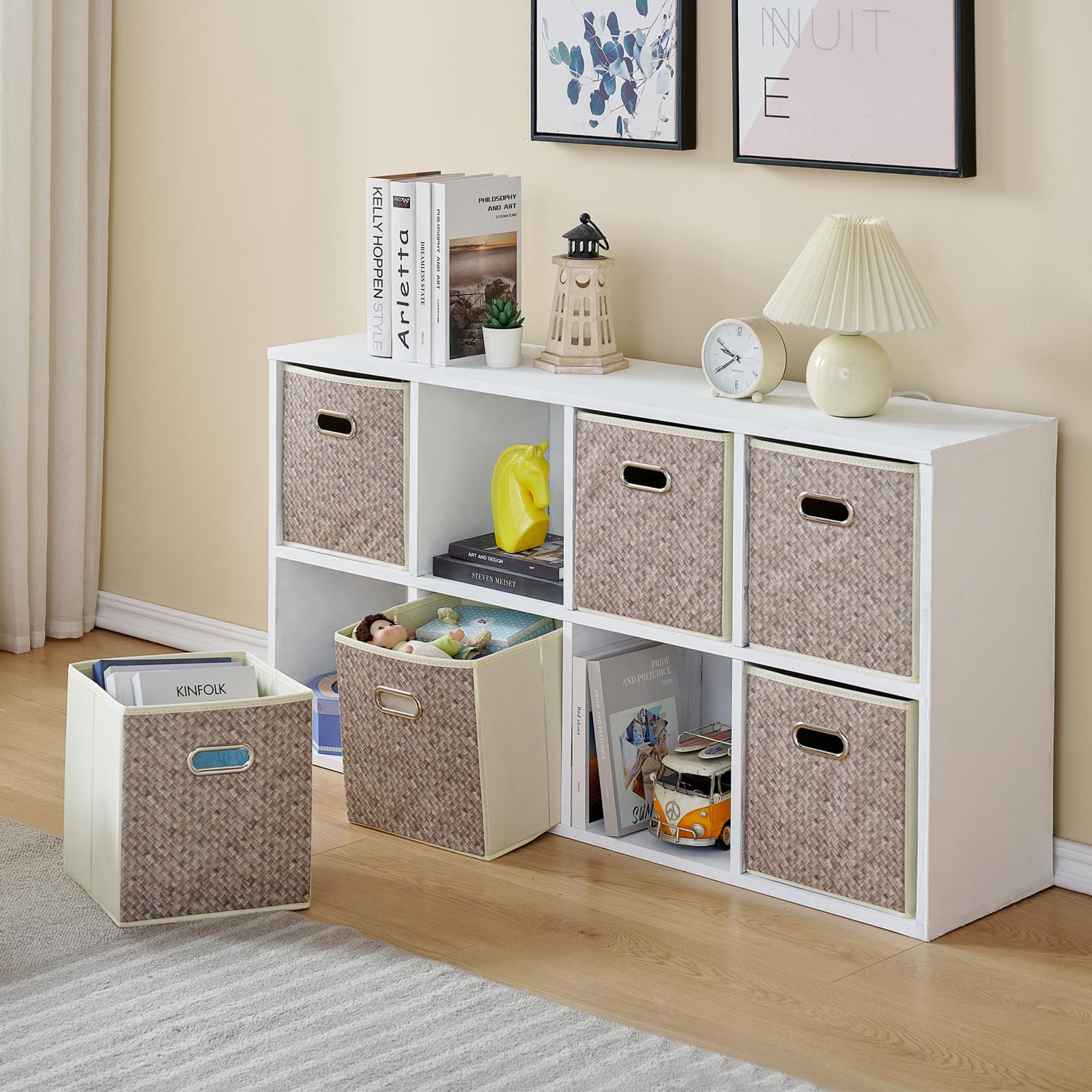 SHACO 6 Pack Beige Woven Pattern Foldable Storage Cubes Bins,10.5"x10.5" Fabric Storage Bins with Double Metal Handles,Set of 6 Closet Organizers for Shelves Cabinet Bookcase