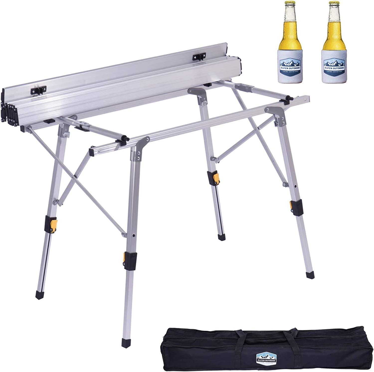 Genric Alpen Outdoor Folding Aluminum Camping Table with Adjustable Table Legs for Outdoor Picnic Beach BBQ, Lightweight Camp Table with Mesh Layer and Carry Bag and Beer Holders (47 x 27 inch)