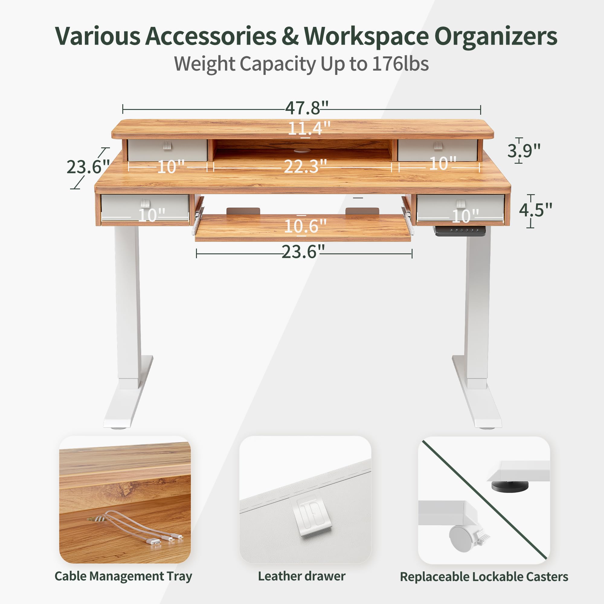 FEZIBO Height Adjustable Electric Standing Desk with 4 Drawers and Keyboard Tray, 48 x 24 Inch Table with Storage Shelf, Sit Stand Desk with Splice Board, LightRustic Brown