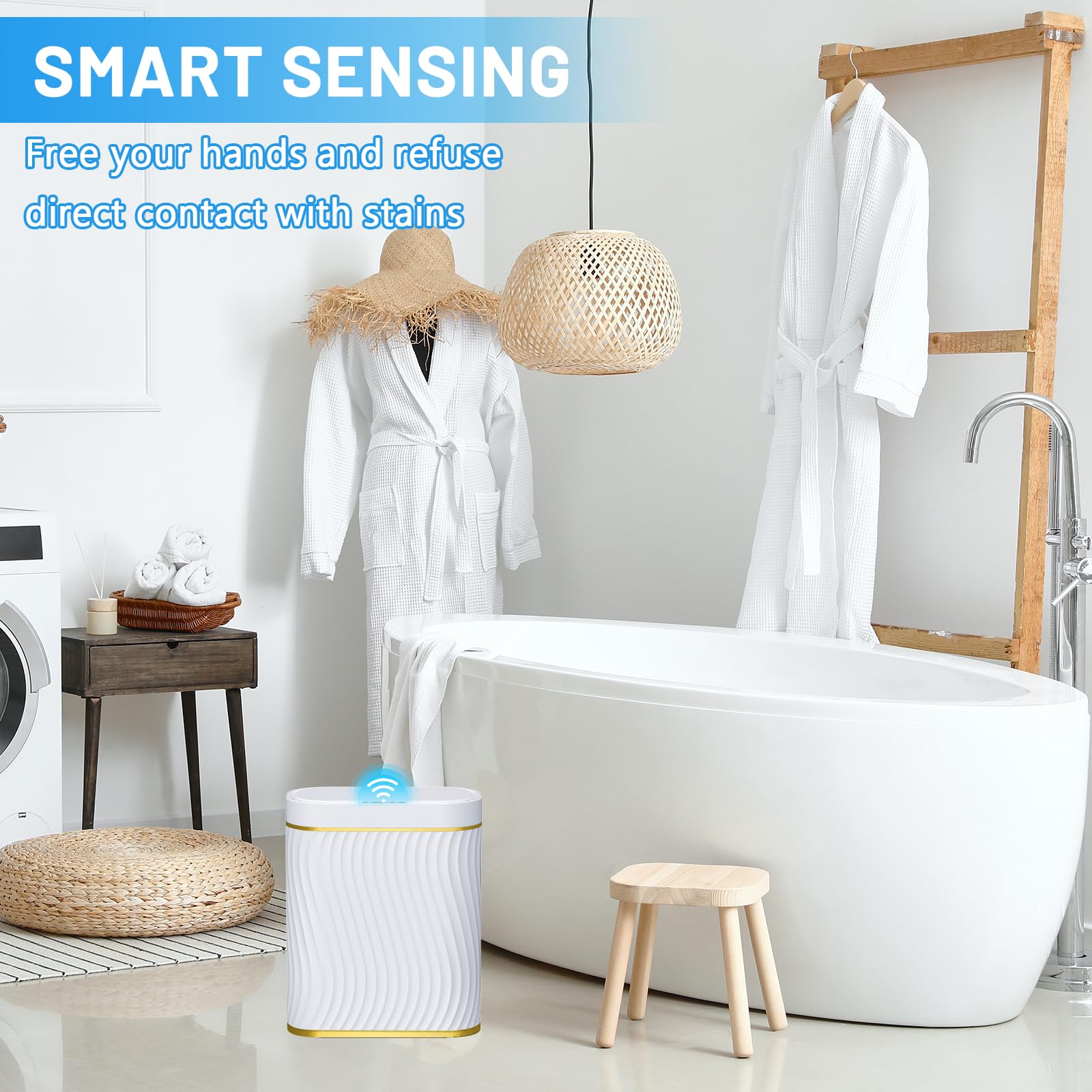 steo spce Bathroom Small Trash Can with Automatic Touchless Lid, 2.6 Gallon Smart Garbage Can Narrow Waterproof Trash Bin for Bedroom, Office, Living Room-Glod White