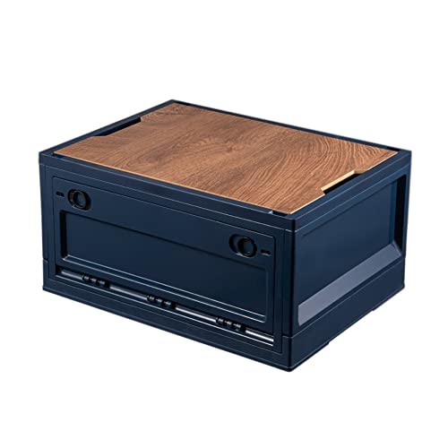 Xicennego 12-Gallon/45L Foldable Storage Bin with Wooden Lid - Large Capacity - Front and Rear Side Opening - Stackable Plastic Folding Storage Containers for Car Trunk, Camping, Picnic, Garage, Closet (Navy )