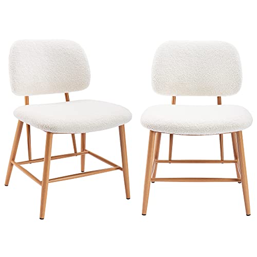 ONEVOG Modern Accent Chair, Ivory White Upholstered Dining Chairs Set of 2, Short Plush Fabric, Armless Dining Chair with Backrest, Sherpa Chair for Dining Room, Living Room, Wood Grain Metal Legs