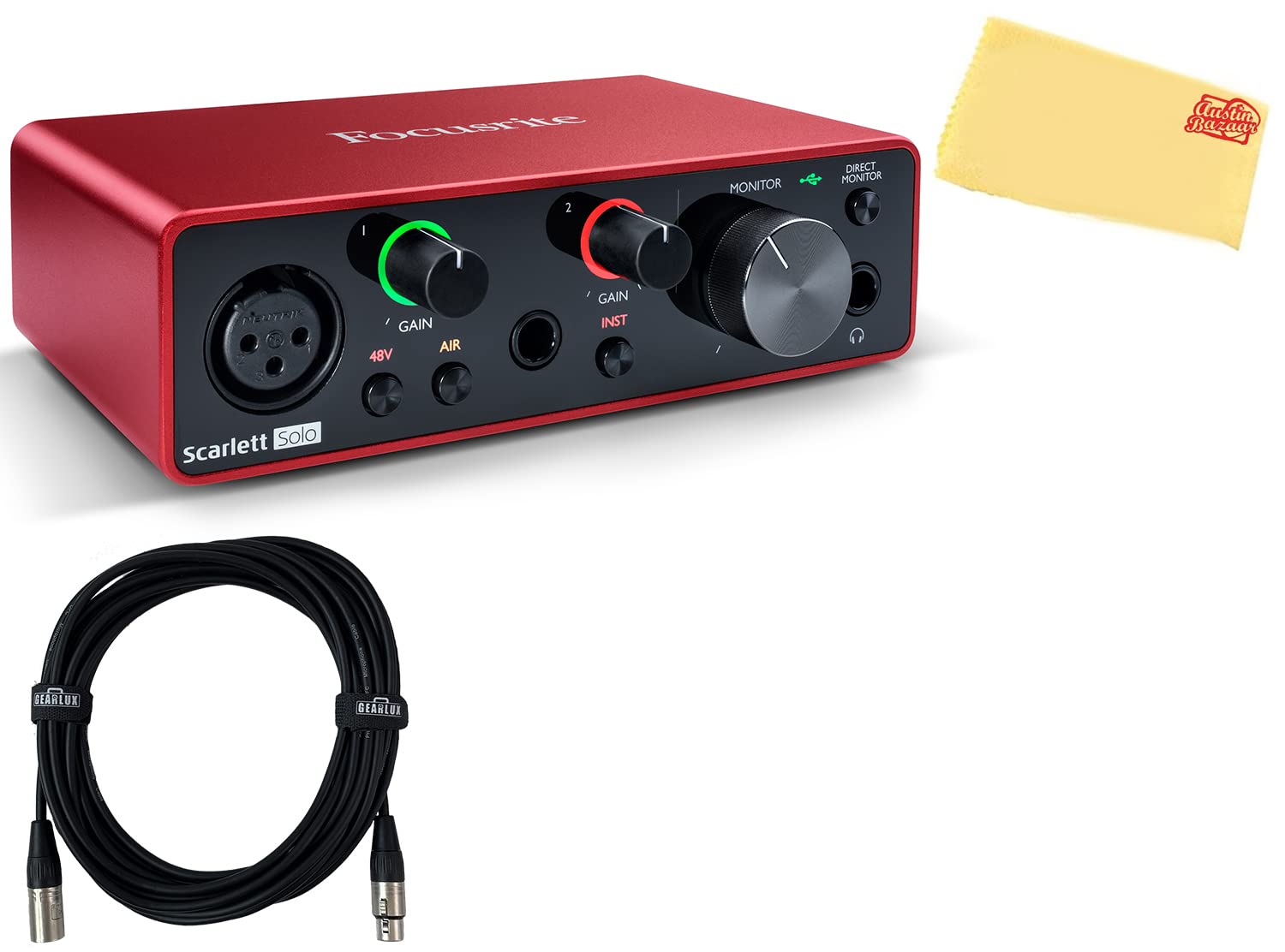Focusrite Scarlett Solo 3rd Gen 2-in, 2-out USB Audio Interface Bundle with XLR Cable and Austin Bazaar Polishing Cloth