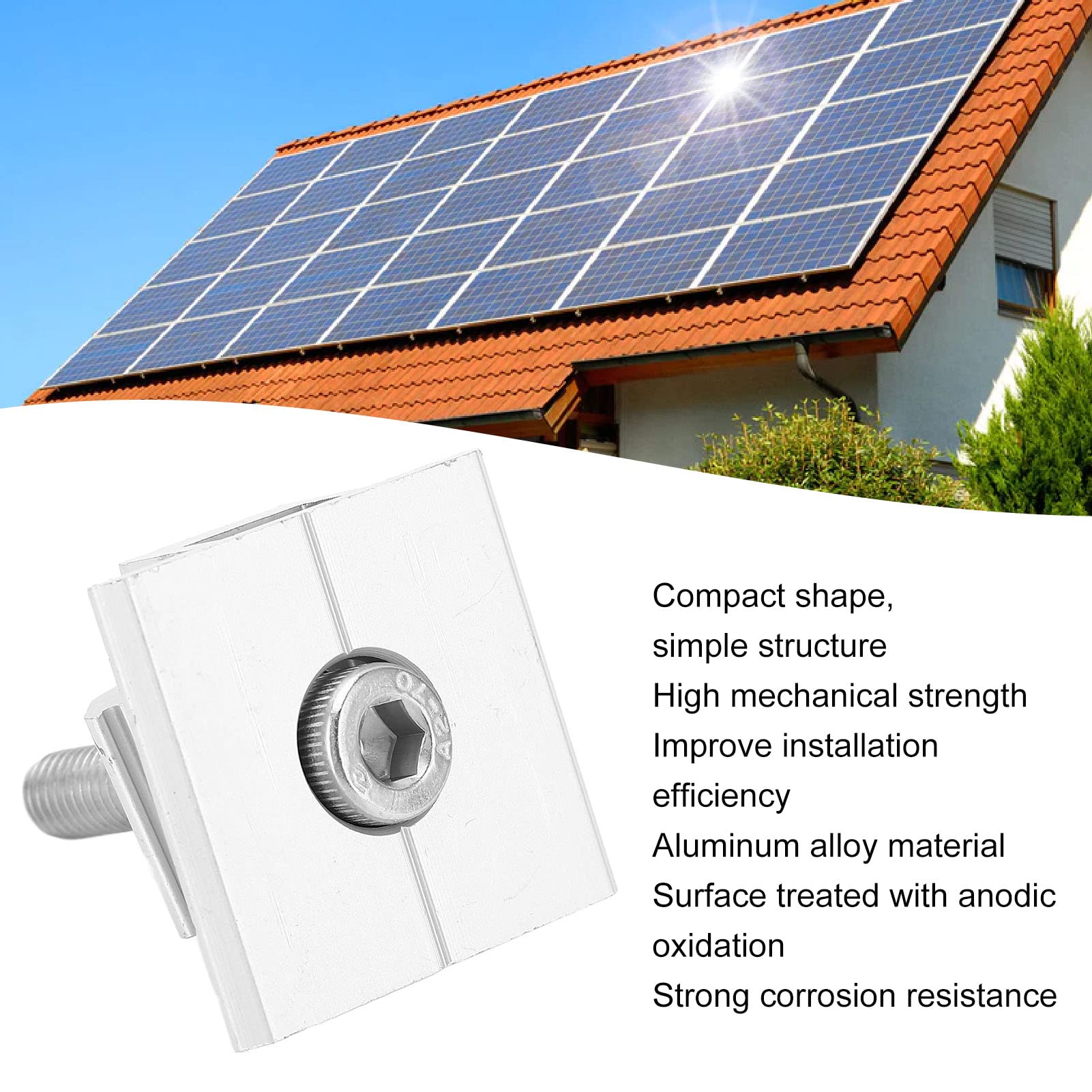 FOLOSAFENAR Solar Panel Mid Clamps, Time Saving High Mechanical Strength 10Pcs Aluminum Solar Bracket Mid Clamp for Roof PV System