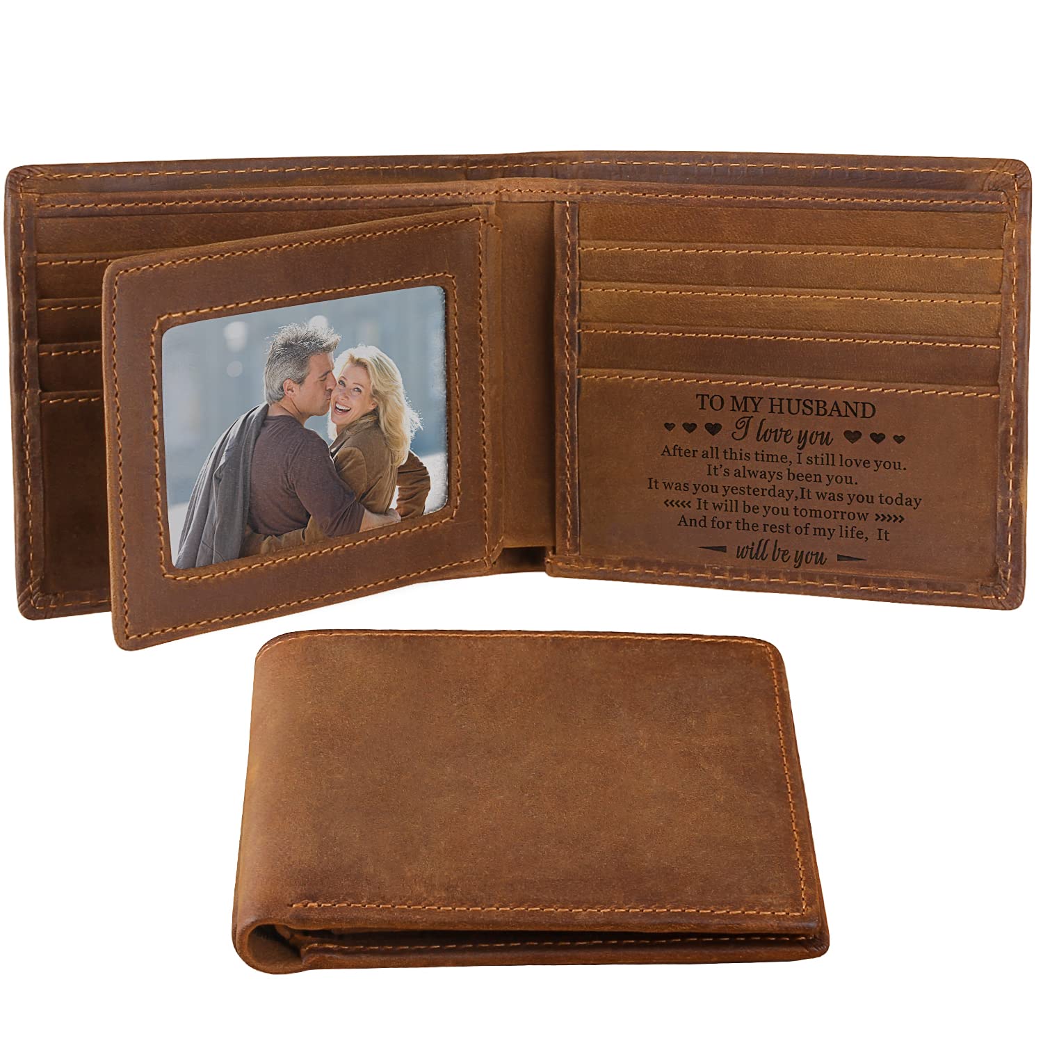 Fodiyaer Gifts for Husband-Personalized Engraved Leather Wallet Gifts Ideas for Men-Birthday Gifts, Christmas Gifts, Valentine, Anniversary, Wedding Gifts