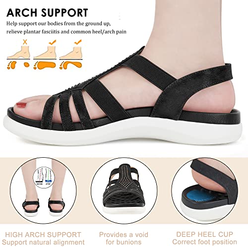 HARENCE Flat Sandals for Women Sandals with Arch Support Comfortable FootBed Orthopedic Sandals Elastic Ankle Strap Summer Casual Non Slip Walking Shoes