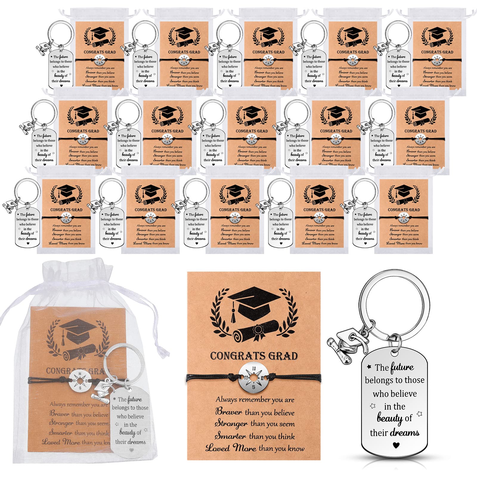 Junkin 20 Pack Graduation Bracelet Gift for Her Him Graduation Keychain Class of 2024 Student Compass Bracelet College School(Congrats Grad)
