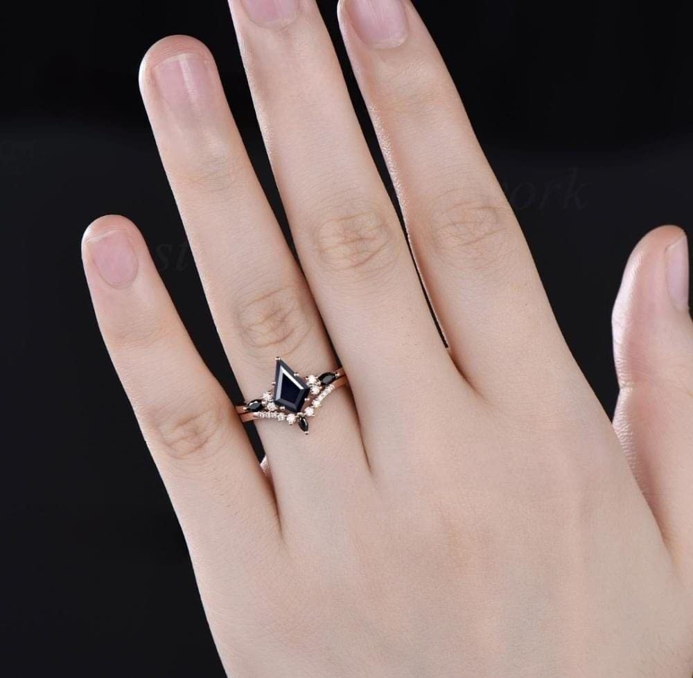 kite cut Black onyx ring set rose gold unique engagement ring set CZ DIMAONDS ring marquise cut black spinel ring black stone ring for women (WHITE GOLD, 7)