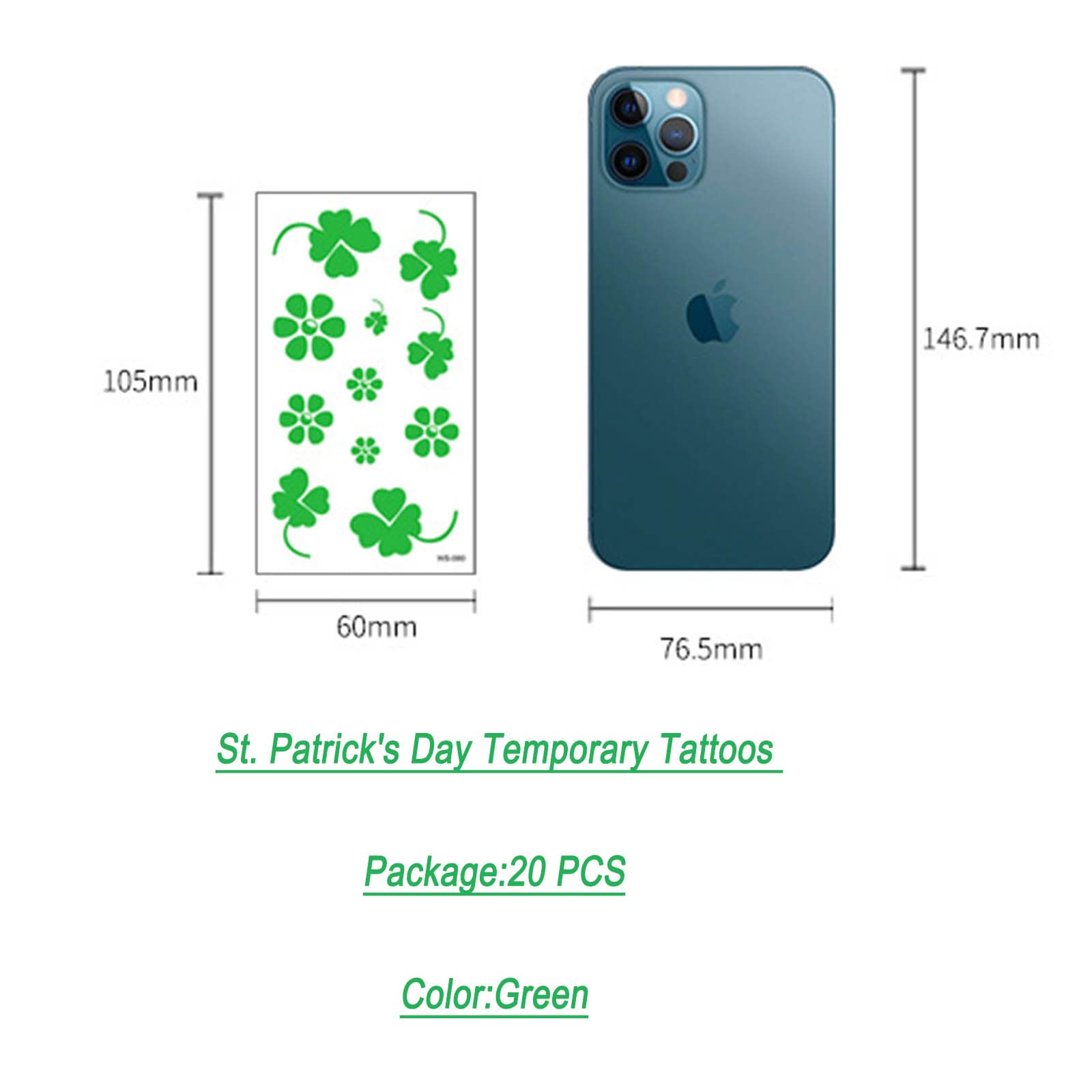kids waterproof St. Patrick's Day Temporary Tattoos, Green Shamrock Clover Hat Irish Temporary Tattoo Parade Party Favors Decorations, 20 Sheet