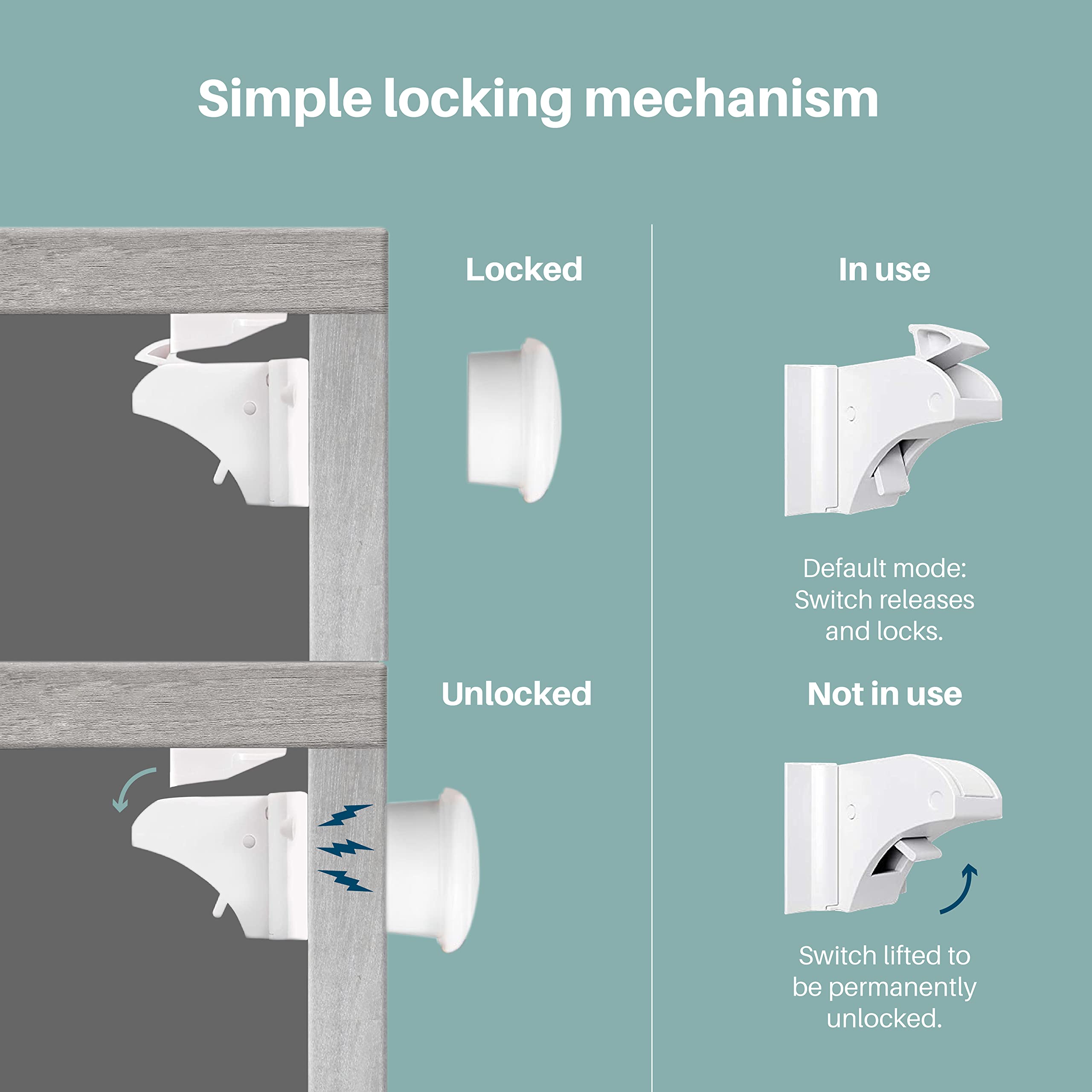 Inaya Magnetic Cabinet Locks for Baby Proofing, Pack of 8 Locks & 1 Key - Child Proofing Cabinet Latches - Invisible Design - 3M Adhesive - No Drill, Tools or Screws Needed