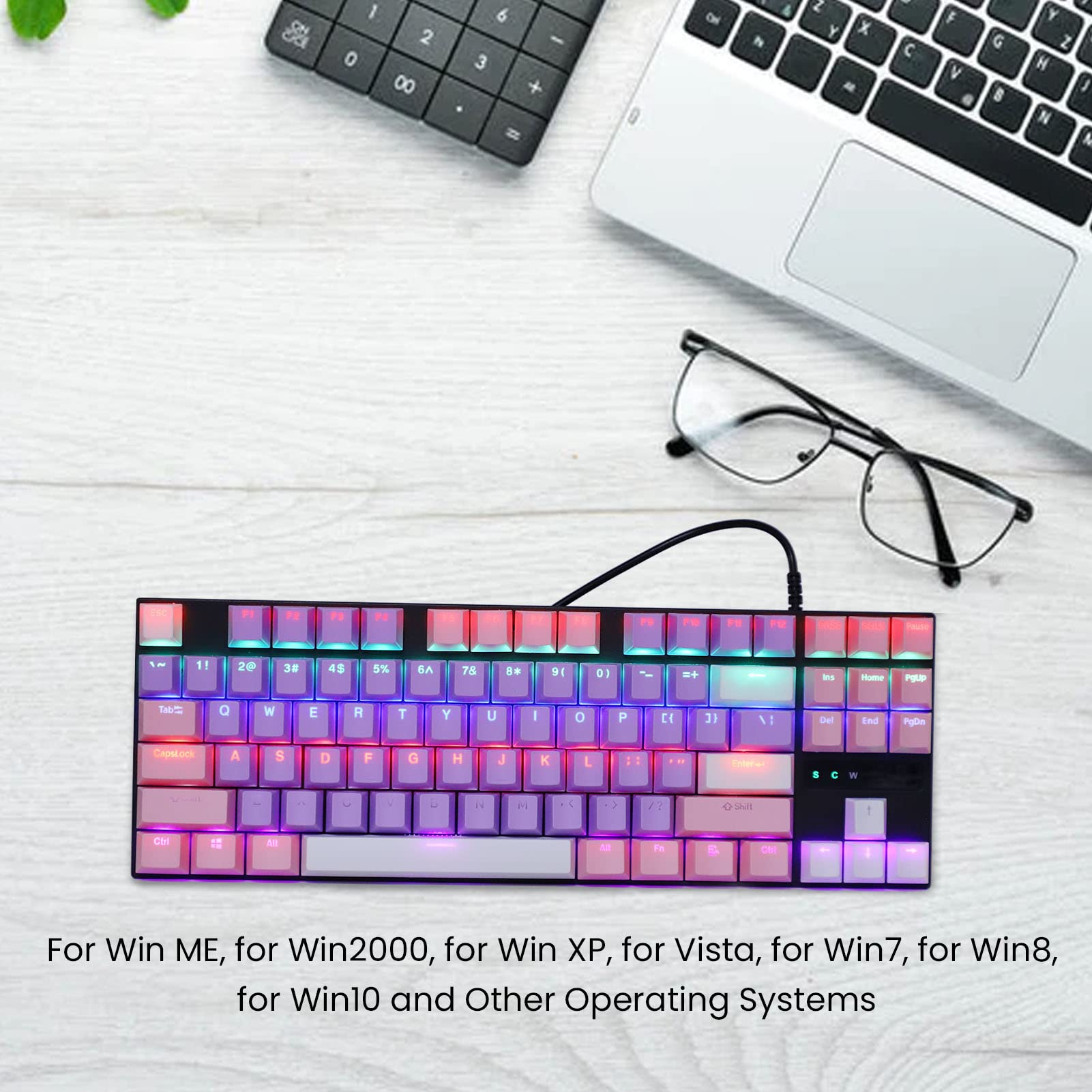 LBEC Mechanical Keyboard with Red Switch, Movable Button Structure 87Key Mechanical Gaming Keyboard with Red Switch Ergonomic Desktop Design (Purple Pink White)