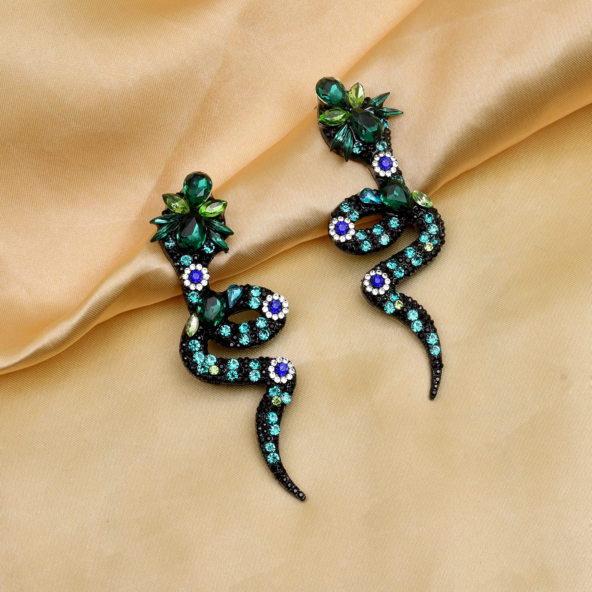 LEE&RO Statement Snake Earrings Rhinestone Snake Jewelry Crystal Earrings Retro Vintage Earrings Green Statement Earrings
