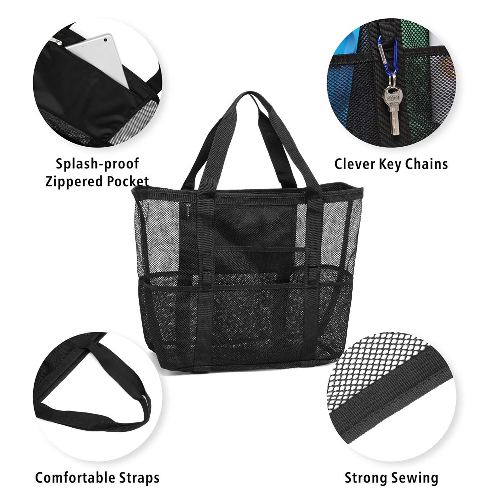 F-color Mesh Beach Bag Family - Beach Tote 9 Pockets Beach Towel Bag, Black