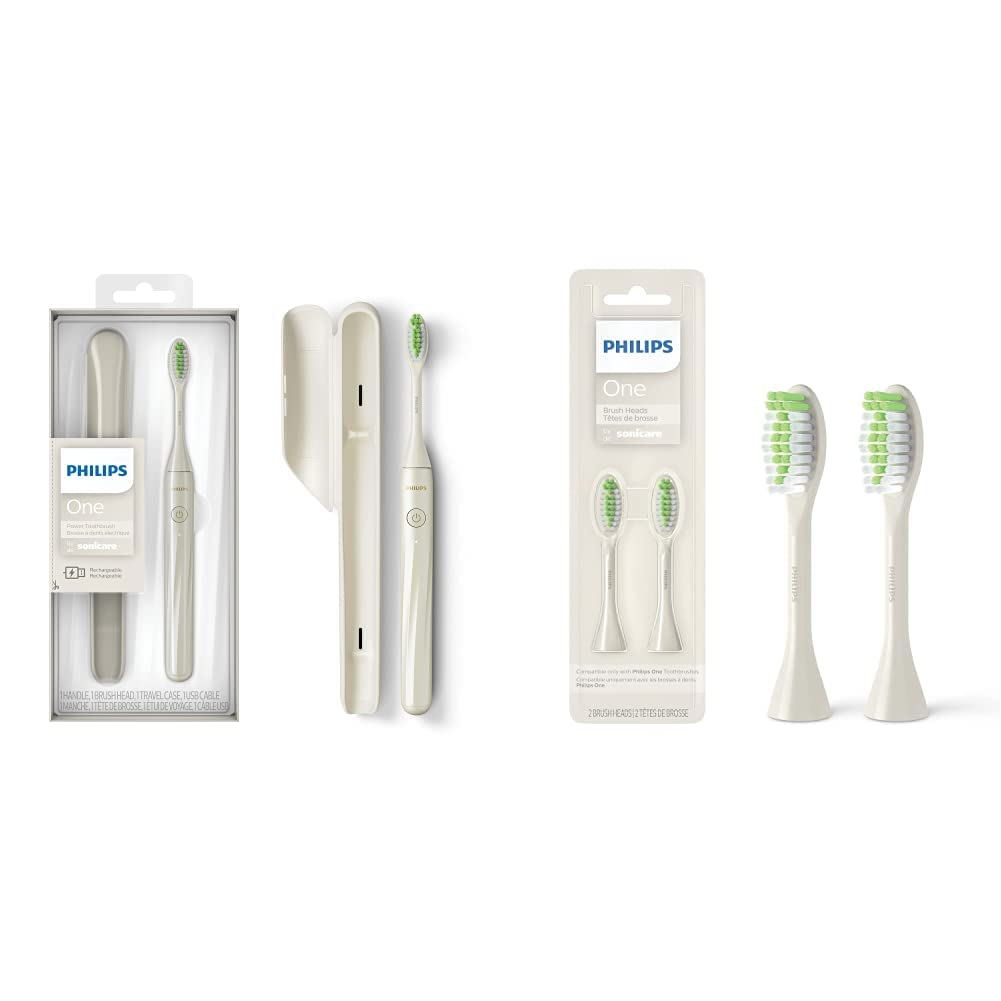 Philips One by Sonicare Rechargeable Toothbrush, Snow, HY1200/07 with Philips One by Sonicare, 2 Brush Heads, Snow, BH1022/07