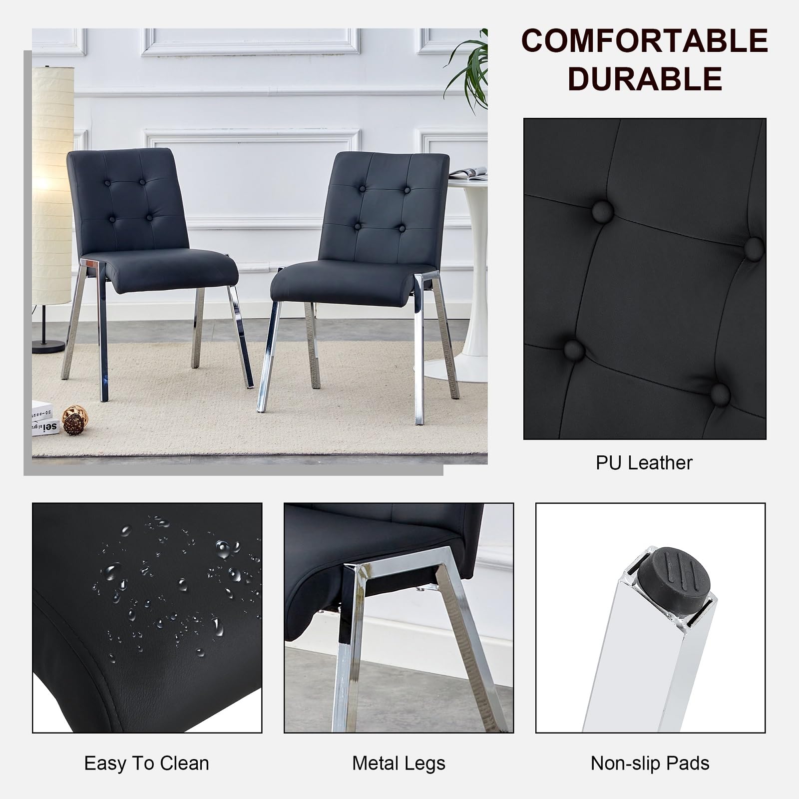 EXZLFA Armless Dining Chairs Set, PU Upholstered High Back Make Up Chair with Electroplated Metal Legs ,Suitable for Restaurants Living Rooms Kitchens Dressing Room (4-Piece Grey)