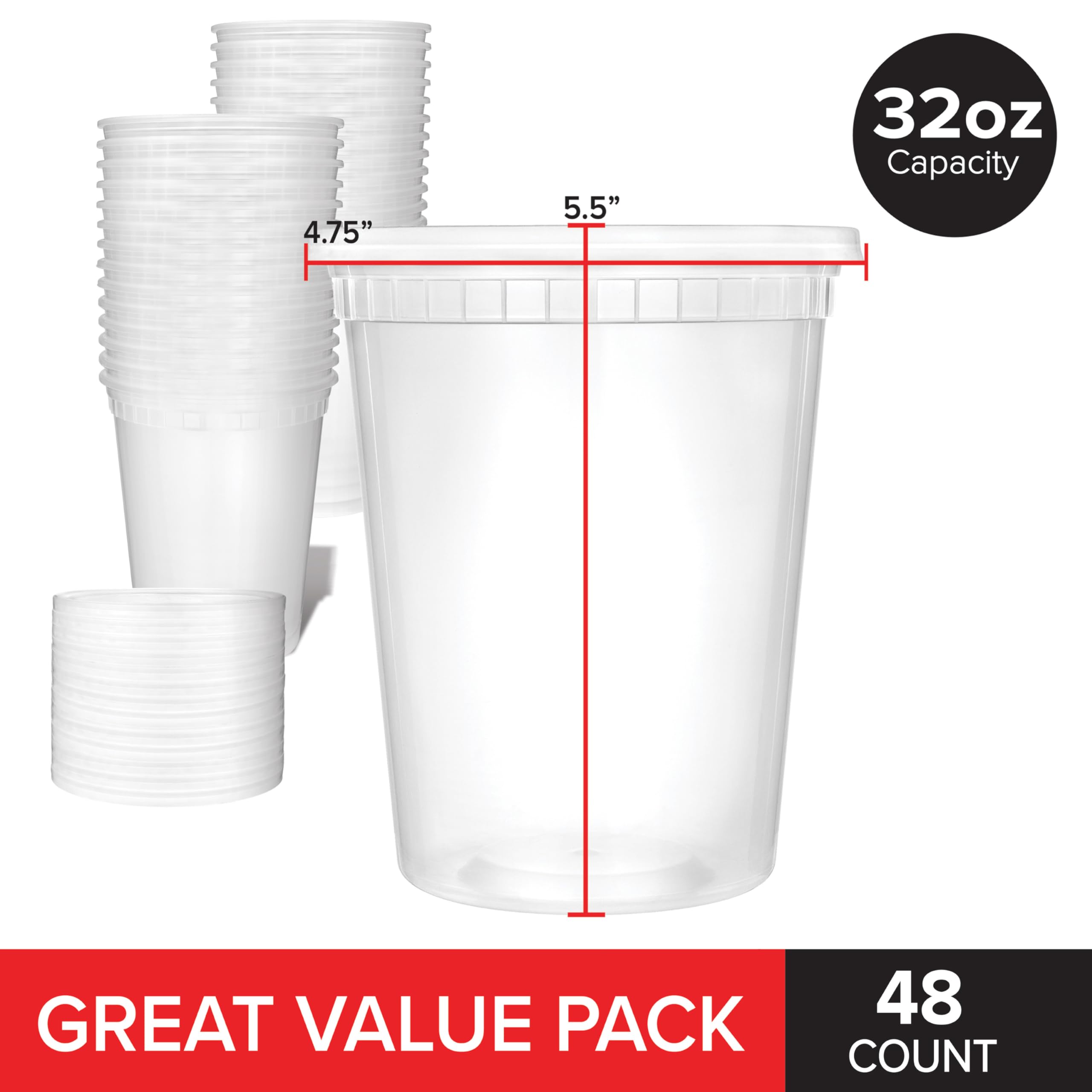 Stock Your Home 32oz Plastic Deli Containers with Lids (48 Pack), Disposable Plastic Food Storage Containers with Lids, Reusable Freezer Containers, To Go Soup Containers with Lids, Microwave Safe