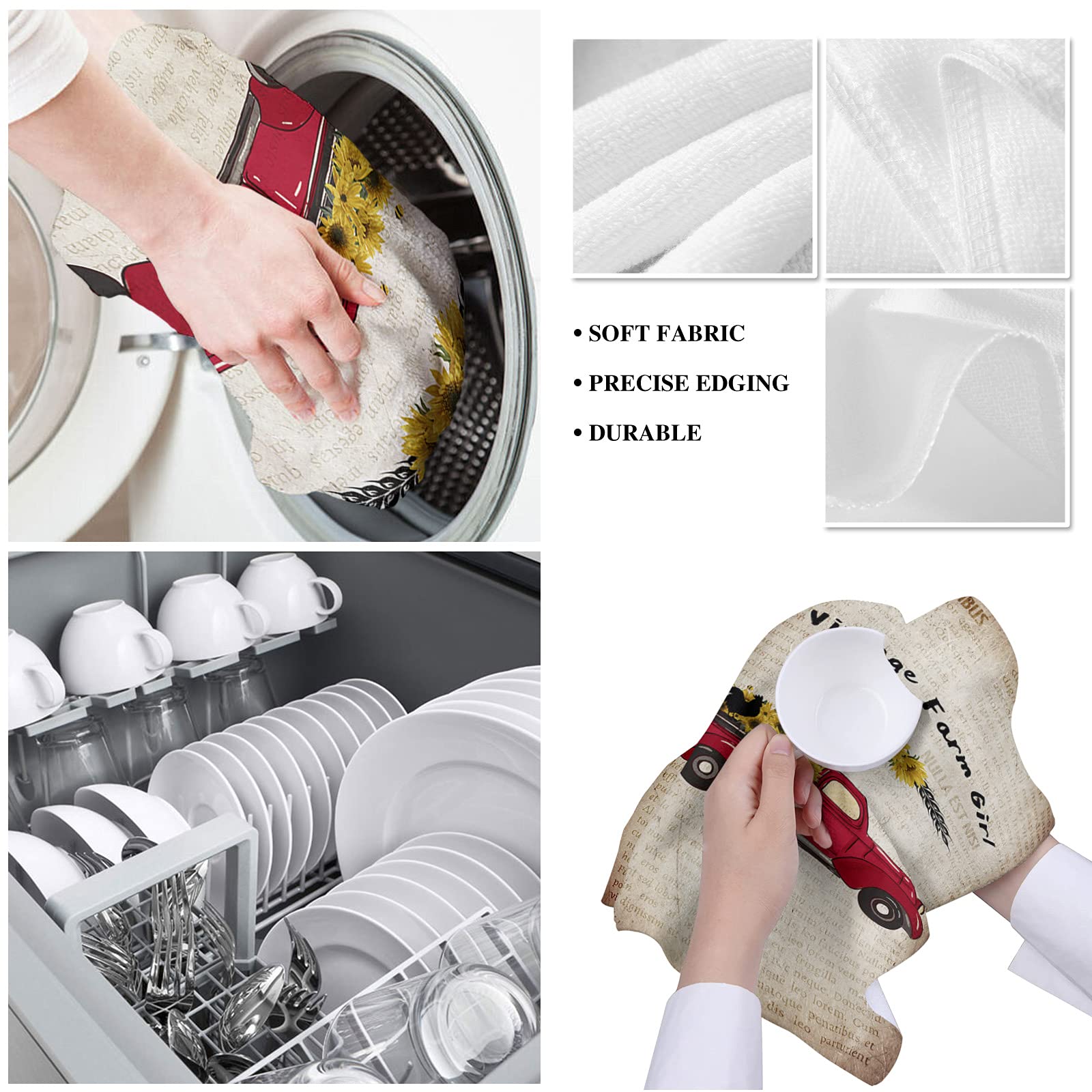 Kitchen Dish Towels 2 Pack-Super Absorbent Soft Microfiber,Vintage Farm Girl Old Truck Sunflowers Newpaper Cleaning Dishcloth Hand Towels Tea Towels for Kitchen Bathroom Bar