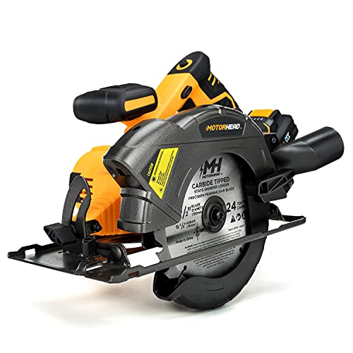 MOTORHEAD 20V ULTRA 6-1/2 inch Cordless Circular Saw, Lithium-Ion, Laser Guide, LED, Rip Fence, 0-50 Bevel, 2Ah Battery & Quick Charger, Bag, 2 Blades Included, 24T, 40T, USA-Based
