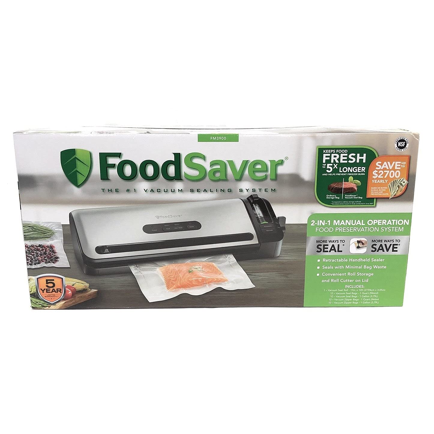 FoodSaver 2-in-1 Vacuum Sealing System With Extra-Wide Sealing Strip, Handheld Sealer & Built-In Roll Storage