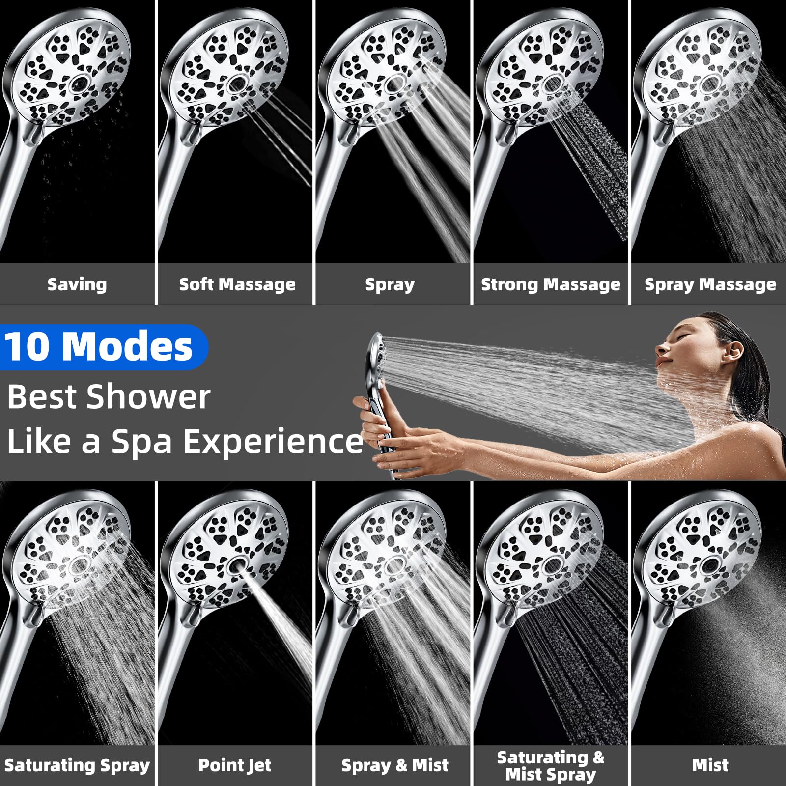 Gyierwe 5"Hand Shower Head, High-Pressure 10 Spray Settings, 59"Stainless Steel Shower Hose and 360° Adjustable Bracket, Quadruple Filtration Design to Improve Water Quality and Make Bathing Healthier