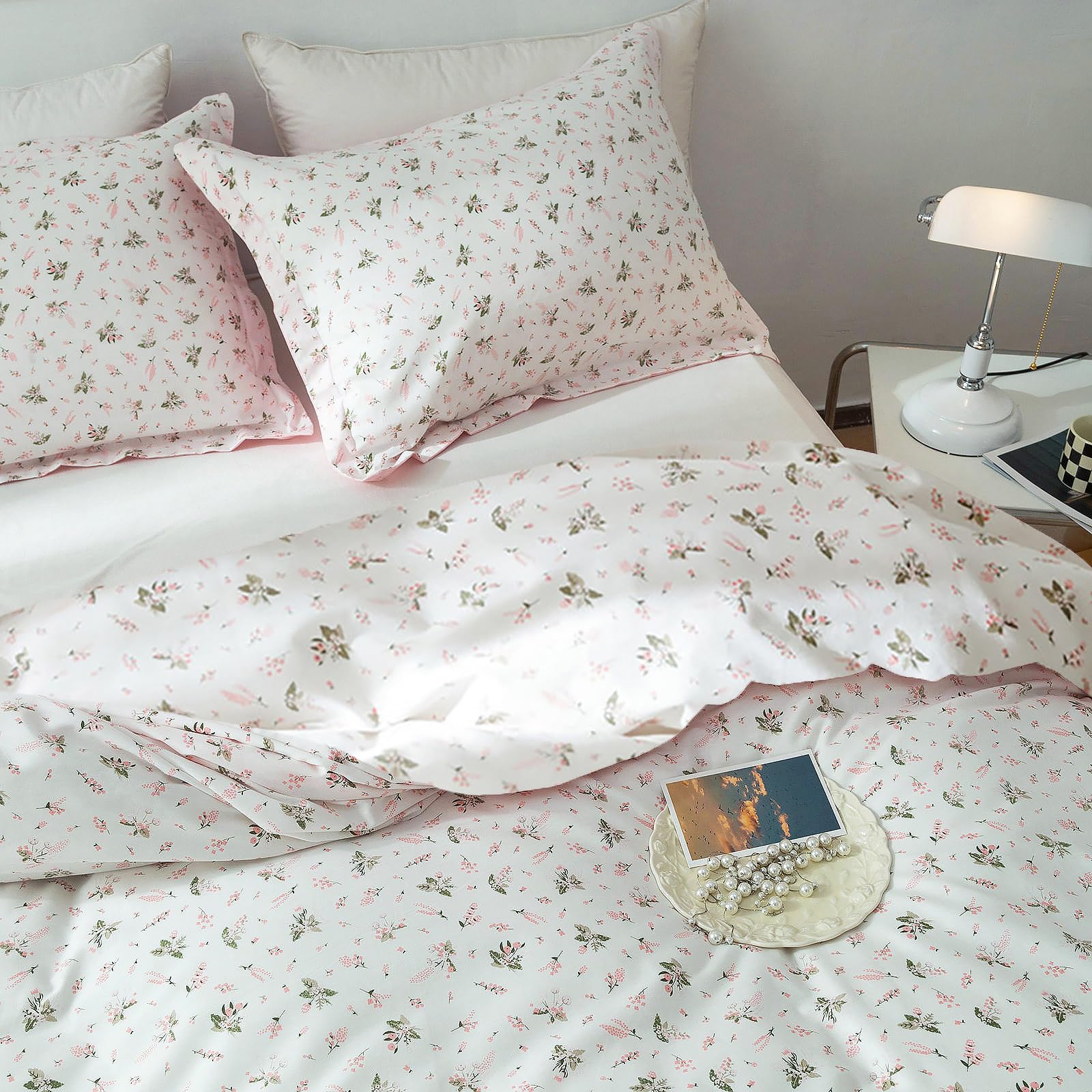 mixinni Girl Comforter Set Twin XL Pink White Flower Leaf Print Bedding Sets, Cute Floral Bedding Comforter Sets for All Seasons-(1 Comforter+2 Pillow Shams)-Twin XL Size
