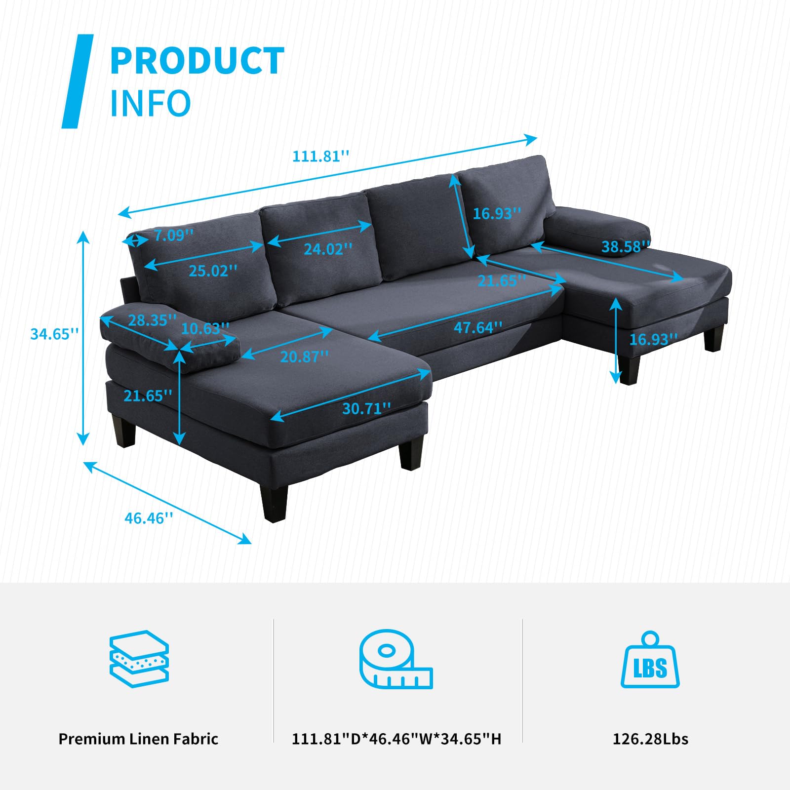 Mjkone Convertible Sectional Sofa U-Shaped Couch with Double Chairs Couch Set Soft Linen Fabric Sofa for Living Room Oversized Seats Comfy Backrest, 112 Inch - Dark Grey