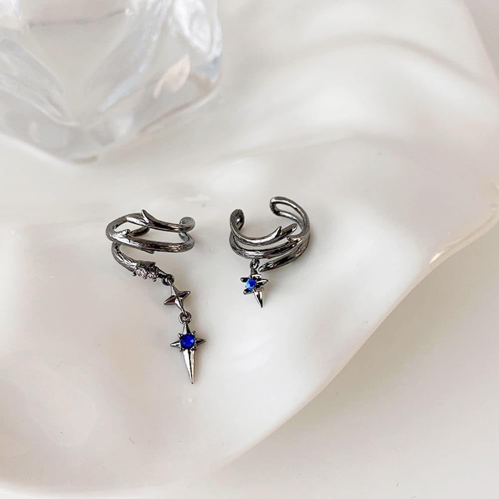 Injoehom Women's Black Dangle Metal Thorns Cross Blue Cubic Zirconia Ear Cuff, Non Piercing