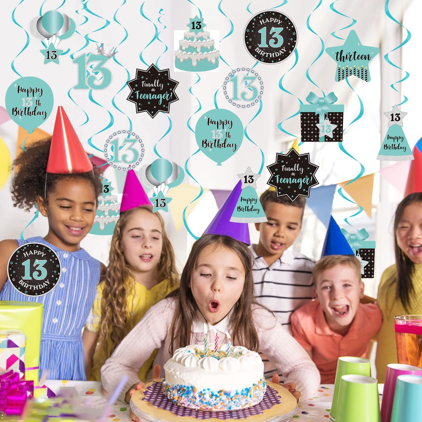 Happy 13th Birthday Party Hanging Swirls Streams Ceiling Decorations, Celebration 13 Foil Hanging Swirls with Cutouts for 13 Years Teal Silver Black Blue Birthday Party Decorations Supplies