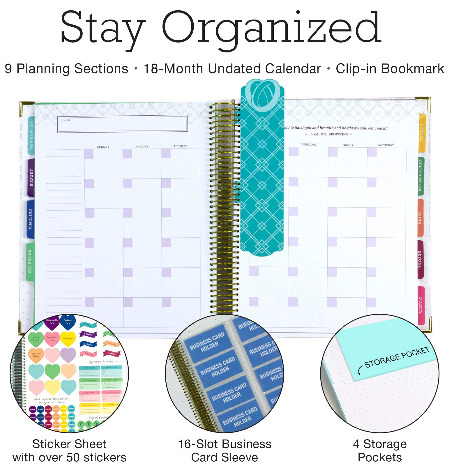 Global Printed Products Wedding Planner 9x11 Hardcover Organizer, Bookmark, Planning Stickers, Business Card Holder, and Pocket Folders