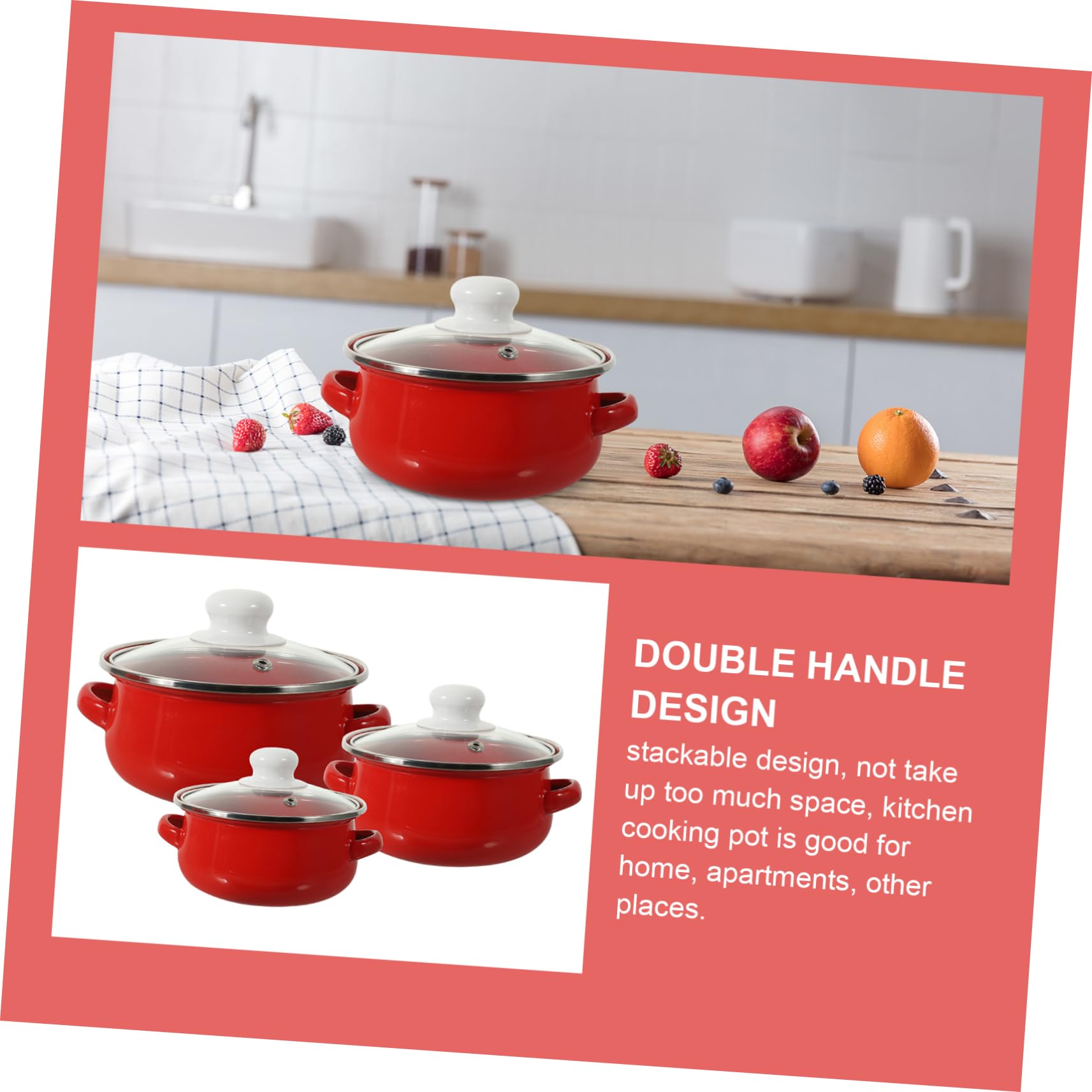 SHOWERORO 3pcs Enamel Pot Enamel Stockpot with Lid Soup Pot with Lid Small Pots for Cooking Quart Stock Noodle Pot Milk Pot Cookware Kitchen Pots With Cover Red Instant Noodle Pot