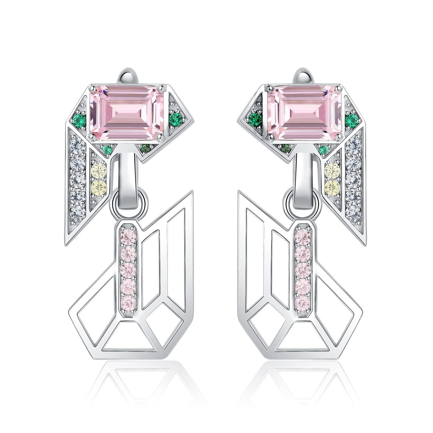 JewelryPalace Emerald Cut 6.3ct Pink Cubic Zirconia Dangle Earrings for Women, Openable geometric 925 Sterling Silver 14k Gold Plated Earrings for Her, Art Deco Gemstones Jewelry Sets for Women