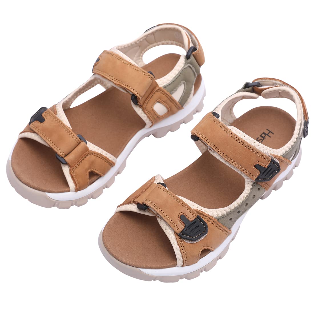 Harssidanzar Women's Leather Sandals Outdoor Sandals Hiking Sandals Casual Walking Sandals Strap Adjustable Beach Sandals For Women SL256US,Camel Grey, Size 6.5