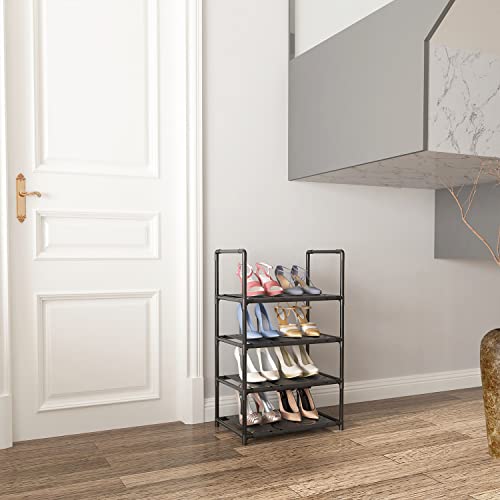 Small Shoe Rack, 4-Tier Narrow Shoe Shelf Storage for Closet Entryway Skinny Shoe Organizer Metal Black Stackable Shoe Stand