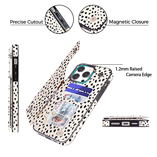 uCOLOR Compatible with iPhone 14 Pro Max 6.7" Wallet Case with Card Holder Folio Flip PU Leather Kickstand Card Slots Double Magnetic Clasp and RFID Blocking Cover 6.7 Inch (Almond Latte Polka Dot)