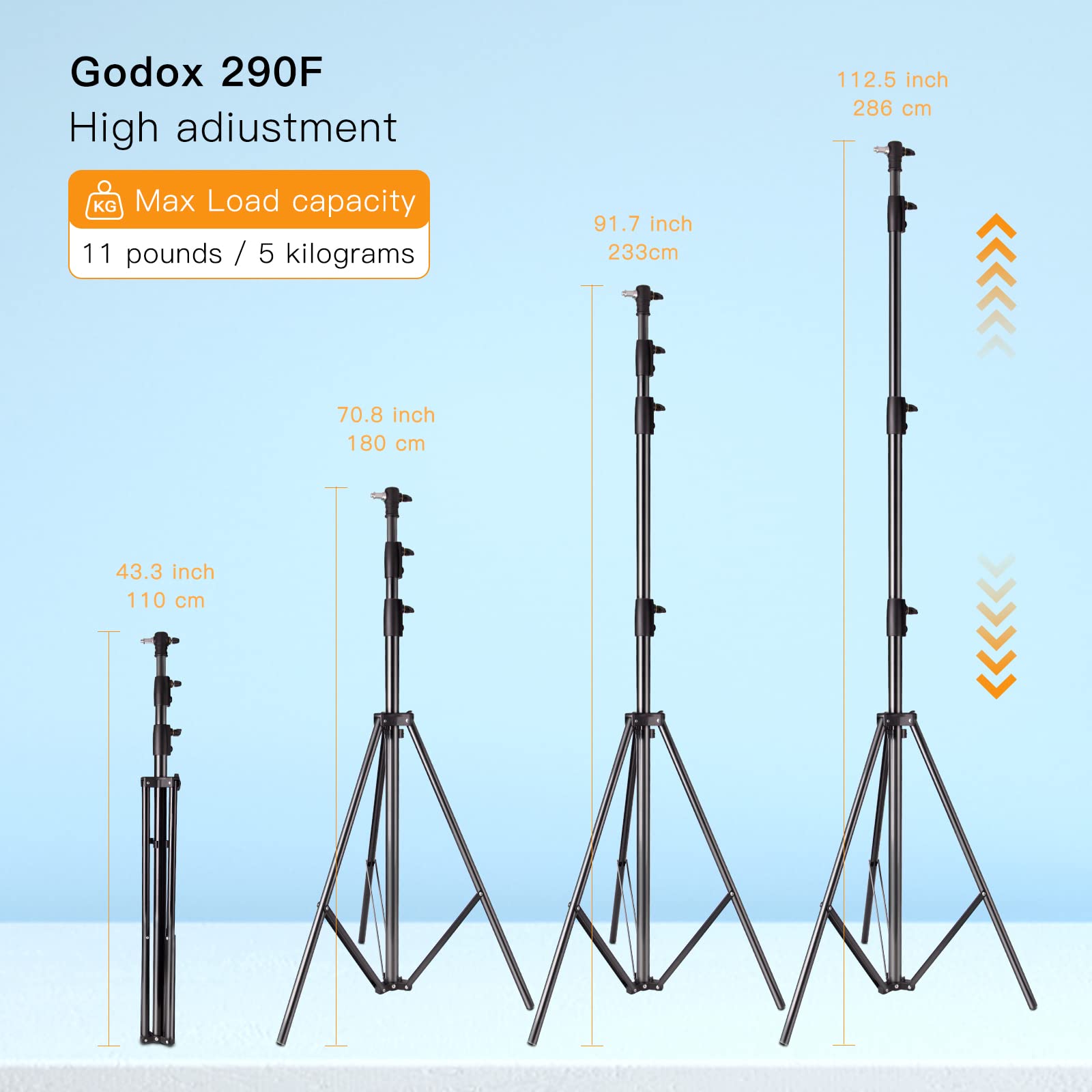 Godox Heavy Duty Aluminum Photography Light Tripod Stand for Studio Photography Lighting, Backgrounds, Monolights, Strobe Flash - 286CM, 112 Inches