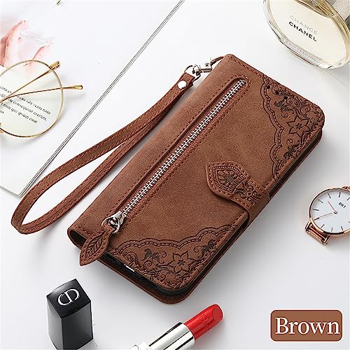 ONV Wallet Case for Oppo Realme 7 Pro - with Zipper Wrist Strap Emboss Flower Flip Phone Case Card Slot Magnet Leather Shell Flip Stand Cover for Oppo Realme 7 Pro[SZY] -Brown