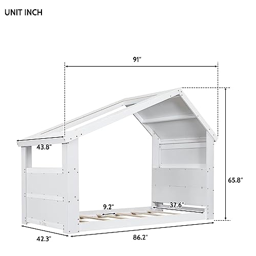 MERITLINE Twin House Bed for Kids Montessori Floor Bed with Roof Window, LED Light, No Box Spring Needed, for Girls Boys (Twin Size, White)