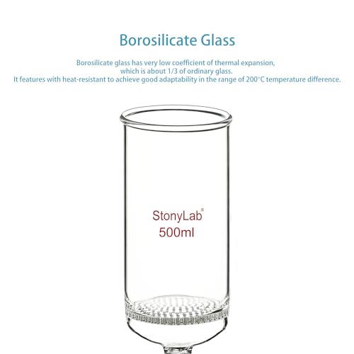 stonylab Glass Buchner Filtering Funnel, Borosilicate Glass Plate Filter Funnel with 9 mm Hose Connection and 24/40 Standard Joint for Filter Test, 500 ml