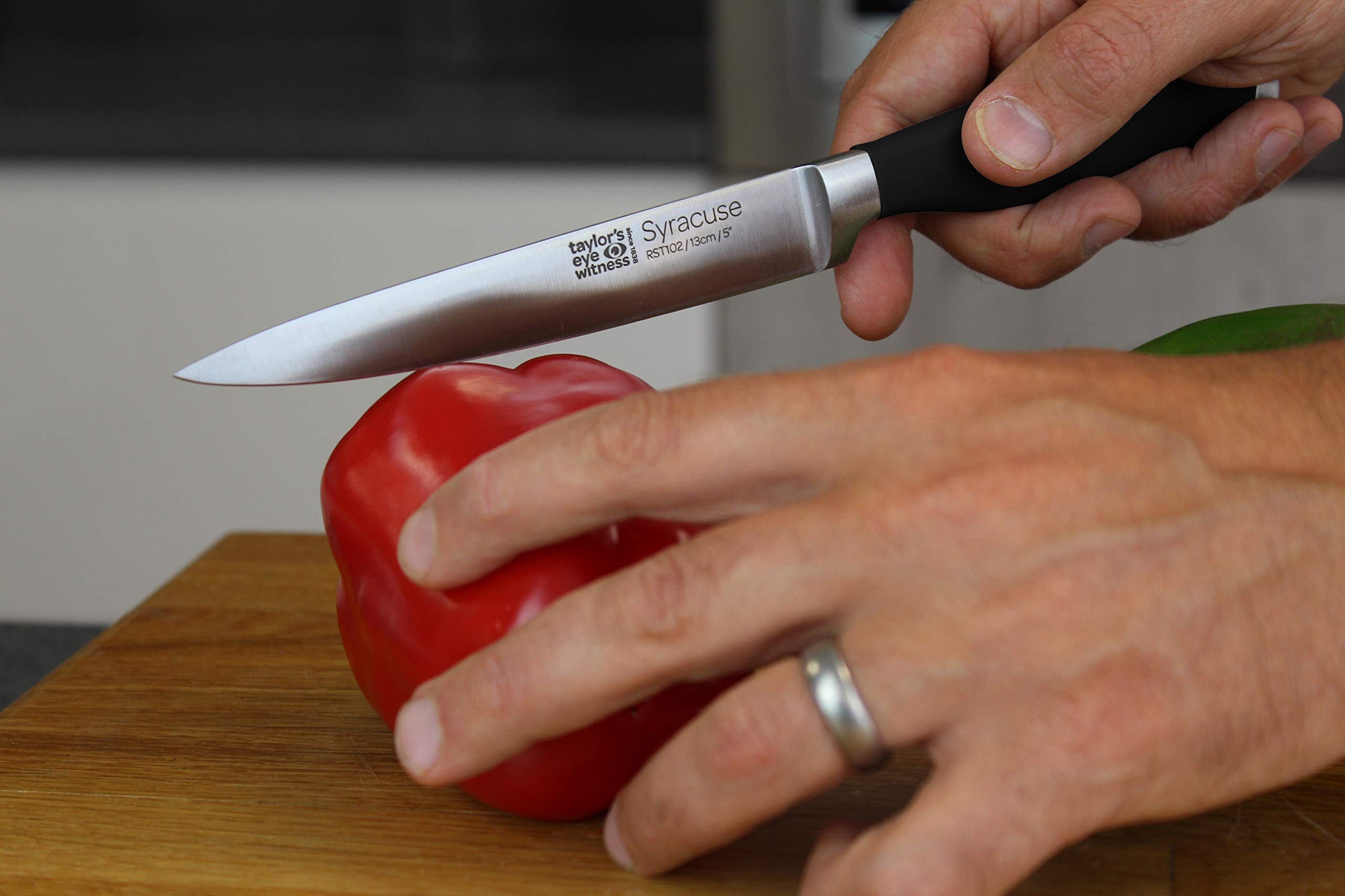 Taylors Eye Witness Syracuse All Purpose Kitchen Knife - Professional 13cm/5β Cutting Edge, Multi Use. Ultra Fine Blade, Precision Ground Razor Sharp. Soft Textured Grip Matte Black Handle.