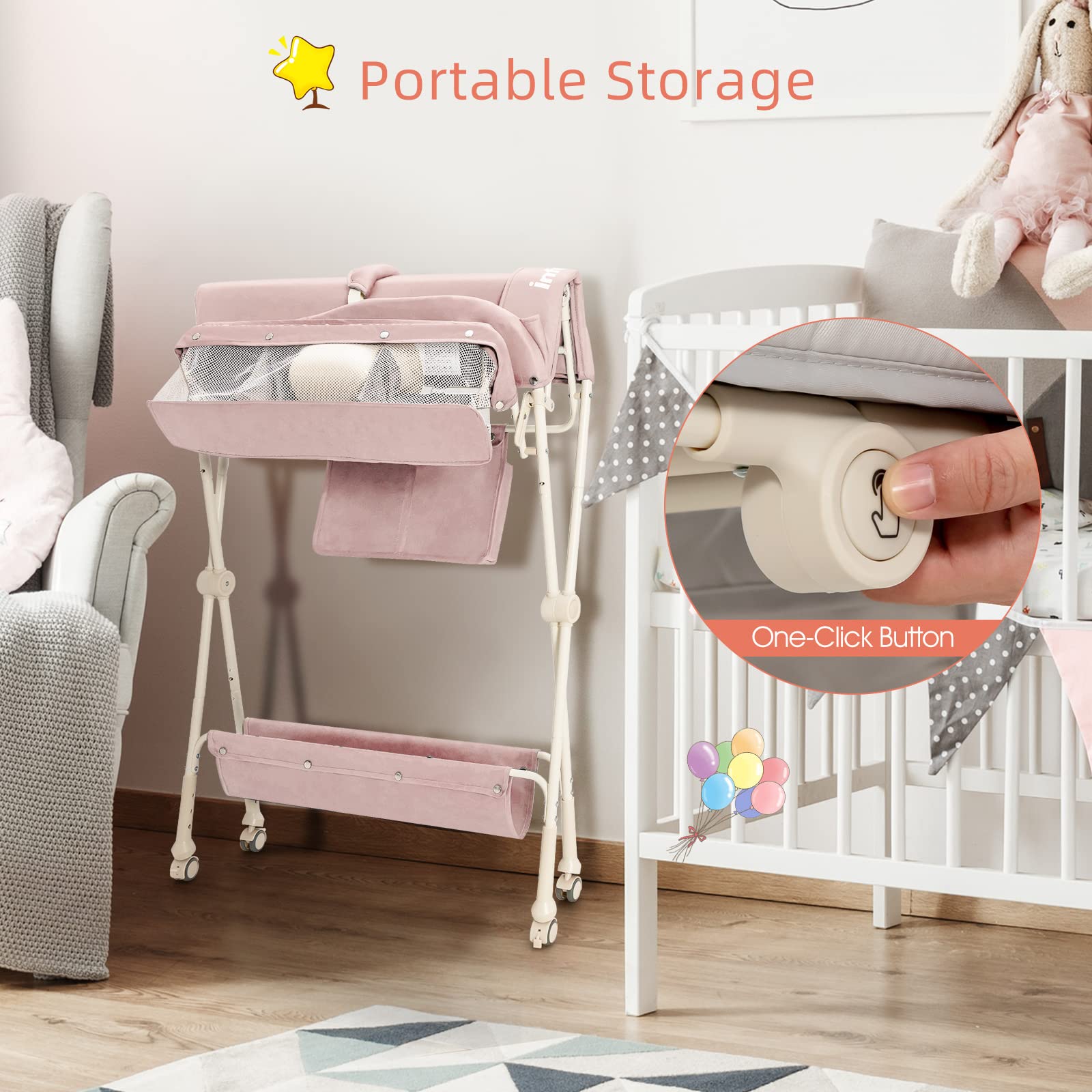 INFANS Portable Baby Changing Table, Folding Diaper Dresser Station with Wheels, Adjustable Height, Safety Belt, Drying and Storage Rack, Mobile Nursery Organizer Stand for Newborn Infant (Pink)