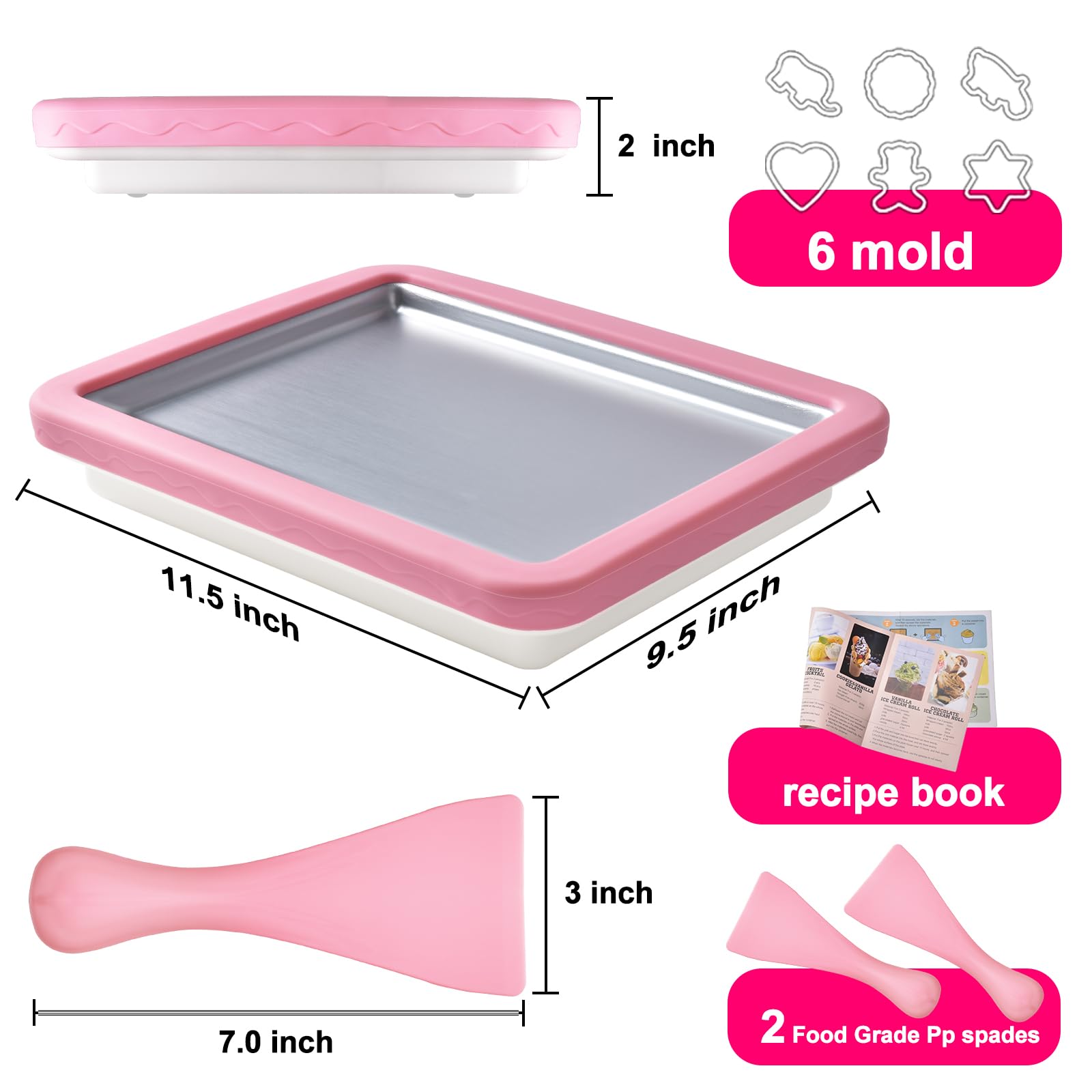 ROEDEER Rolled Ice Cream Maker, Ice Cream Roll Maker Plate with 2 Spatulas, Instant Rolled Ice Cream Machines for DIY Ice Cream, Includes Recipe Book, Fun Gifts for Kids, Color:Pink and White