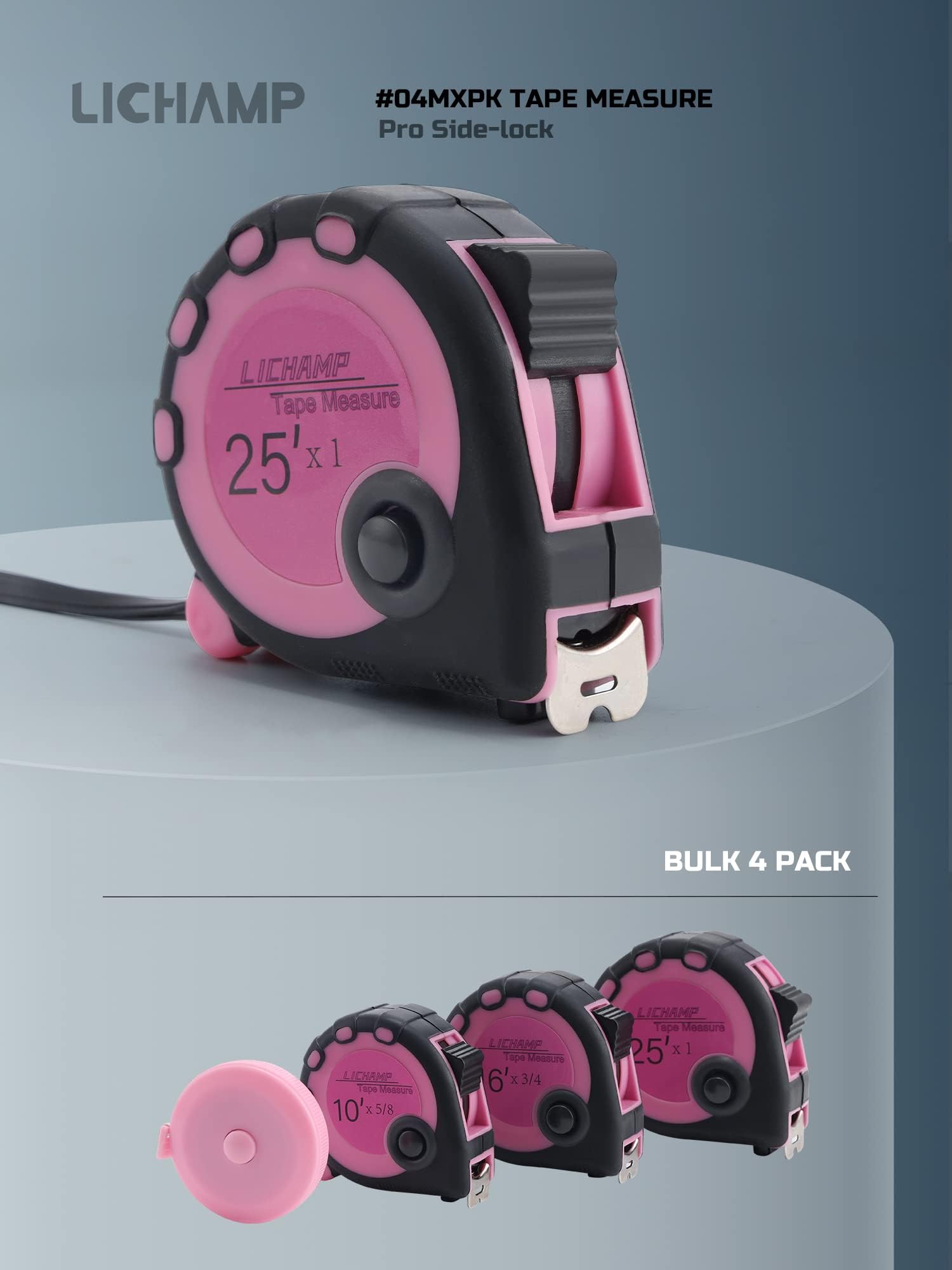 Lichamp Pink Tape Measure 4 Pack, 10ft 16ft 25ft Tape Measure Set with Soft Tape Measure, 10ft x 5/8in, 16ft x 3/4in, 25ft x 1in, 04MXPK