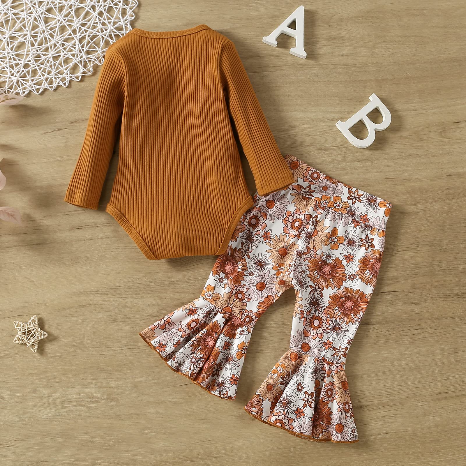 Infant Baby Girl Clothes Knitted Ruffle Long Sleeve Romper Bodysuit Tops Flared Bell Bottom Pants Leggings Fall Outfits (Brown, 6-12 Months)