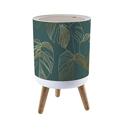 Small Trash Can with Lid Luxury gold and nature green Floral Golden split leaf Philodendron Garbage Bin Wood Waste Bin Press Cover Round Wastebasket for Bathroom Bedroom Kitchen 7L/1.8 Gallon