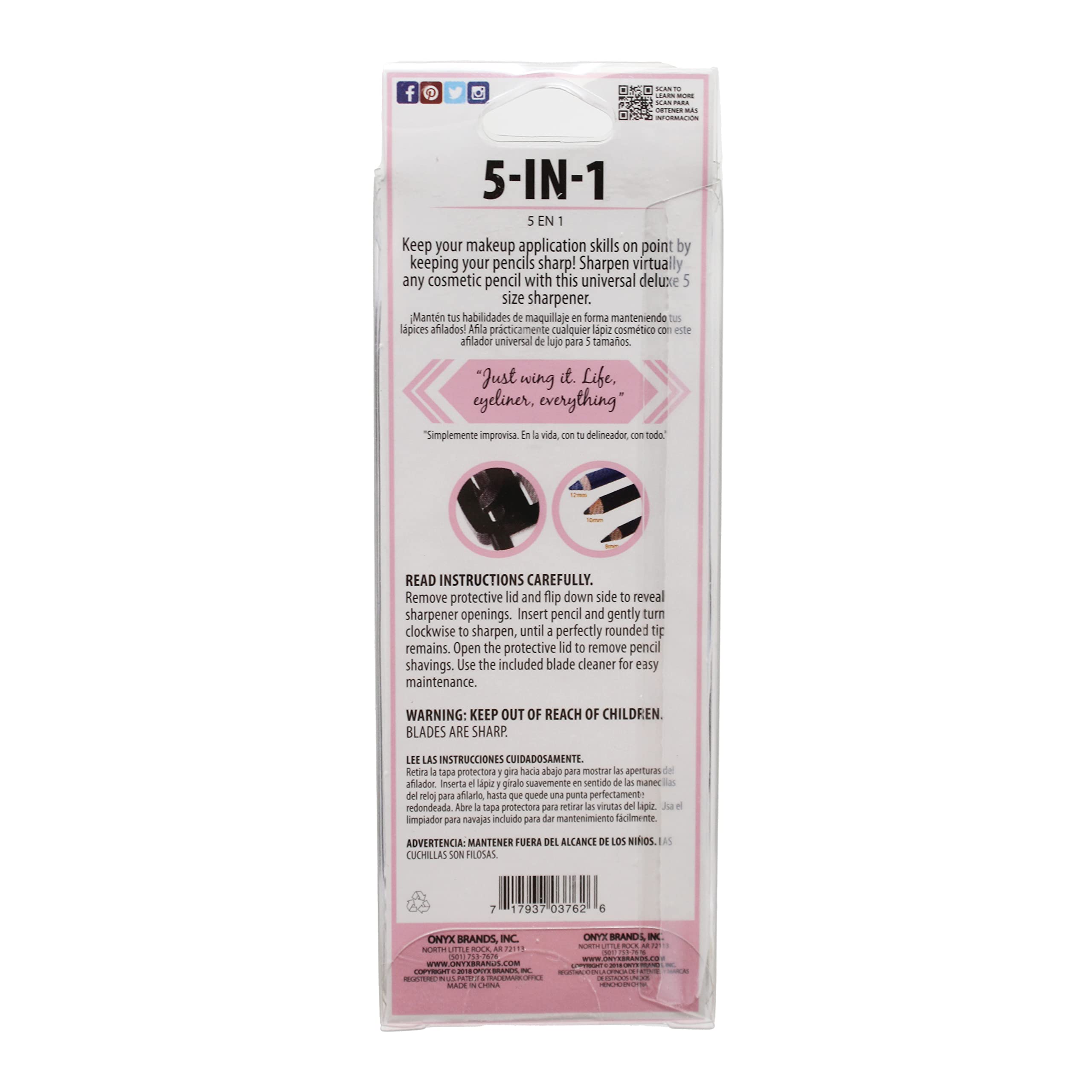 Onyx Professional 5-in-1 Universal Beauty Pencil Sharpener, 5 Sizes, for Eyeliner Pencils, Eyebrow Pencils and More