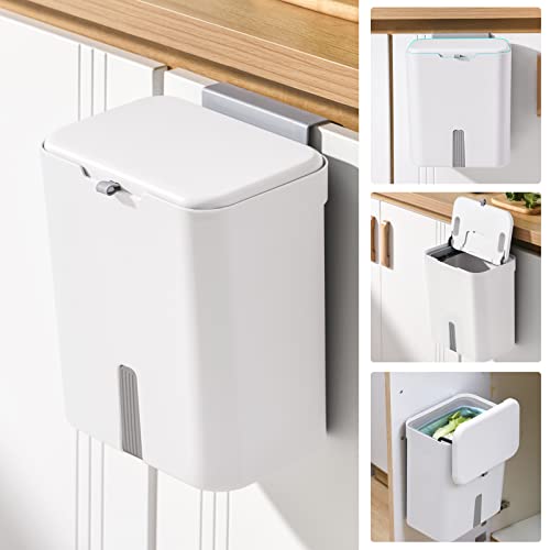 Tiyafuro Upgraded Hanging Trash Can with Lid, 2.4 Gallon Kitchen Compost Bin for Cabinet and Under Sink, Wall-Mounted Indoor Trash Bin for Bathroom Bedroom Office, Waste Basket