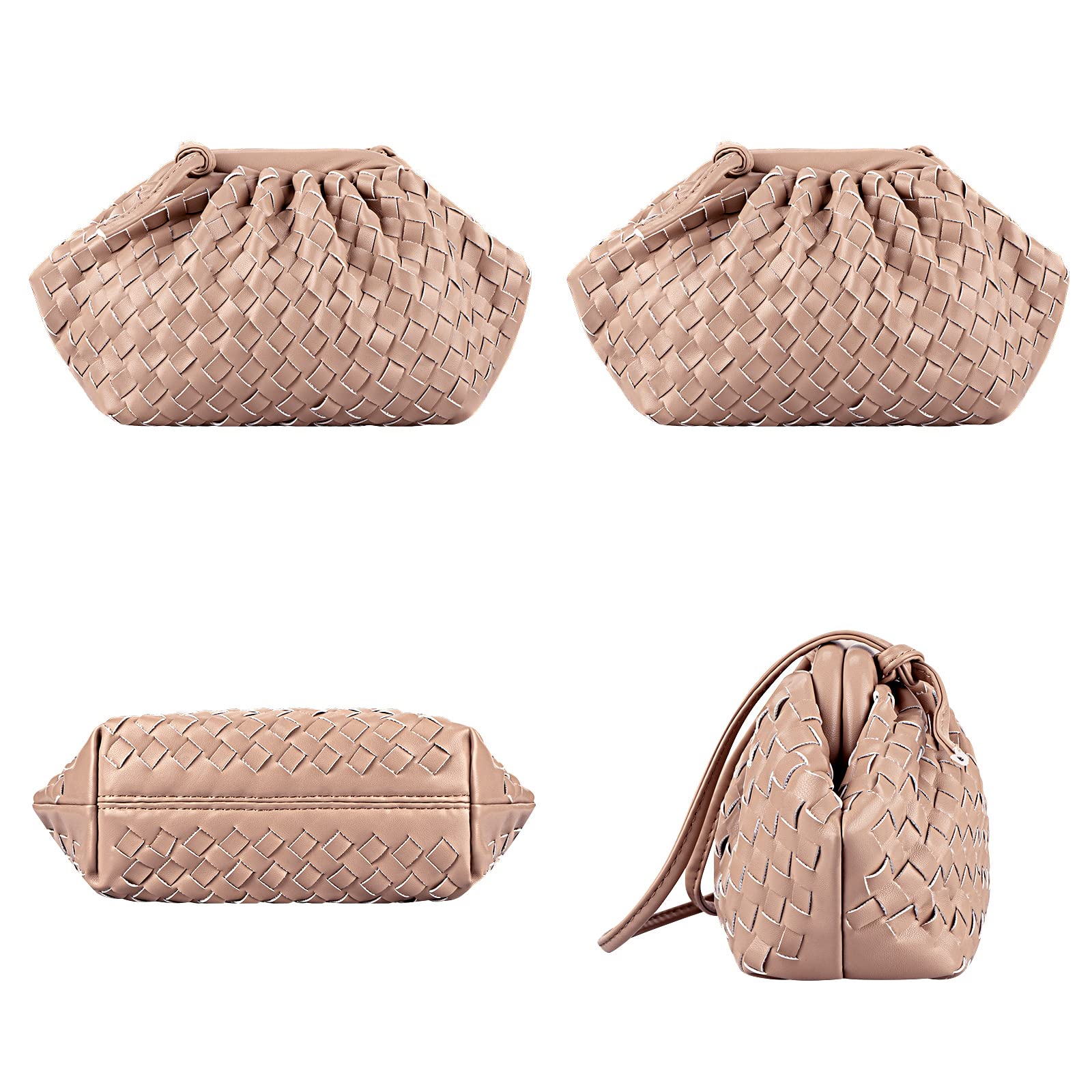 Linkidea Cloud-Shaped Dumpling Clutch Purse, Woven Crossbody Bags for Women, Vegan Leather Soft Ruched Trendy Shoulder Strap Bag (Khaki)