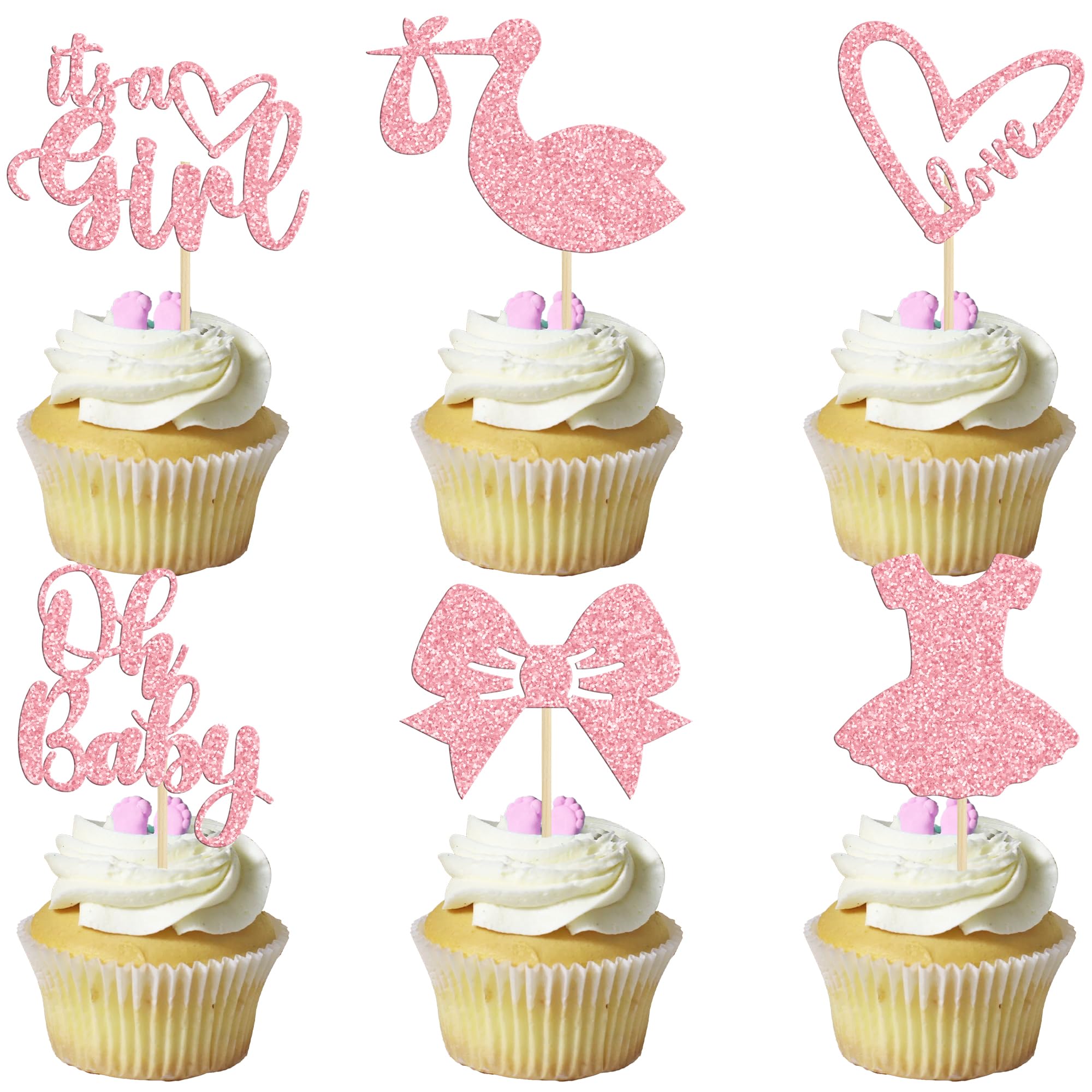 Gyufise 36 Pack Oh Baby Cupcake Toppers It's a Girl Cupcake Toppers with Bow Dress Love Heart Pink Glitter Cake Picks Decorations for Baby Shower Girl Birthday Party Supplies